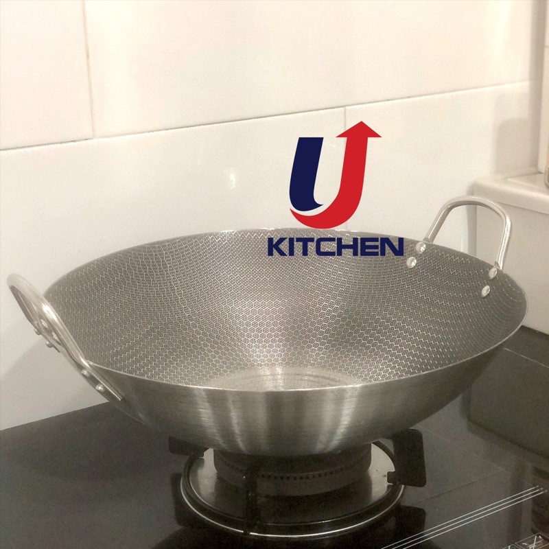 Double Handled Stainless Steel Wok Honeycomb Interior Cooking Wok ...