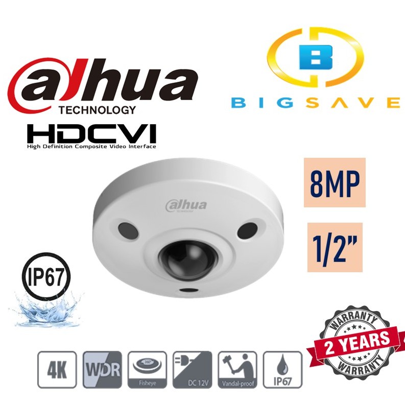 DAHUA 8MP ANALOG EBW3802 4K IR VANDAL-PROOF HDCVI FISHEYE MICROPHONE (BUILT-IN MIC) TURRET DOME ...