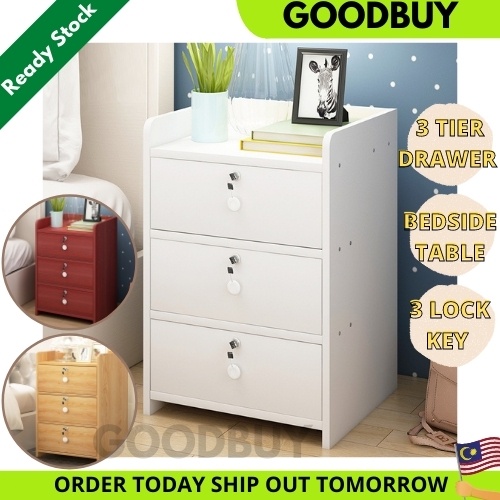 3 Tier 3 Lock Side Bed Table With Drawer & Lock Almari Katil Side Table ...