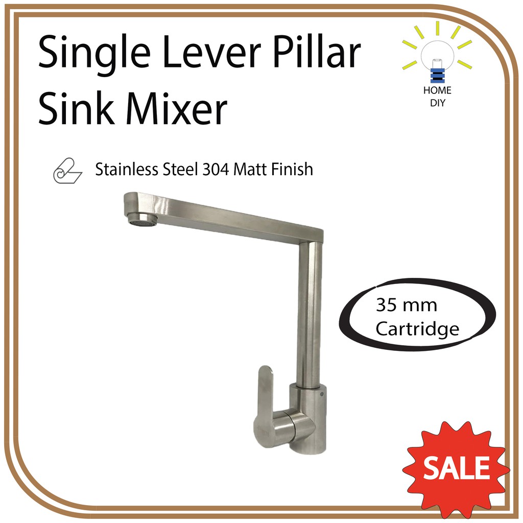 Single Lever Pillar Sink Mixer - Stainless Steel 304 Matt Finish - 35mm ...