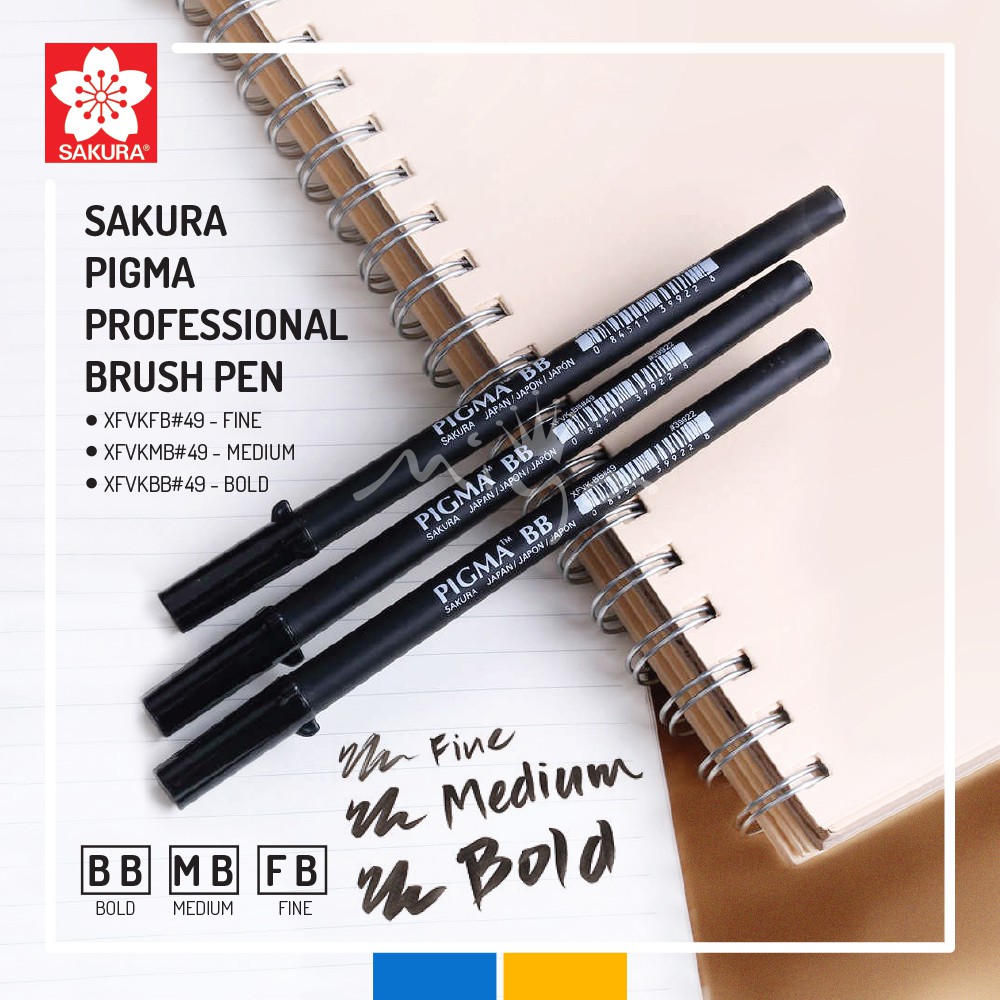 Sakura XFVK#49 Pigma Professional Brush Pen FB / MB / BB - Fine / Medium / Bold - Black ...