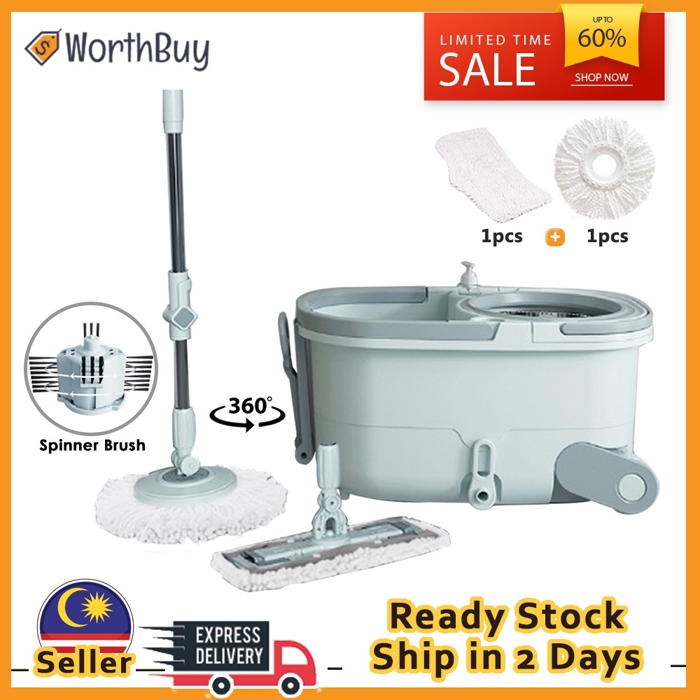 Ready Stock Worthbuy Dual Mop Head Spin Mop With Stainless Steel Basket ...