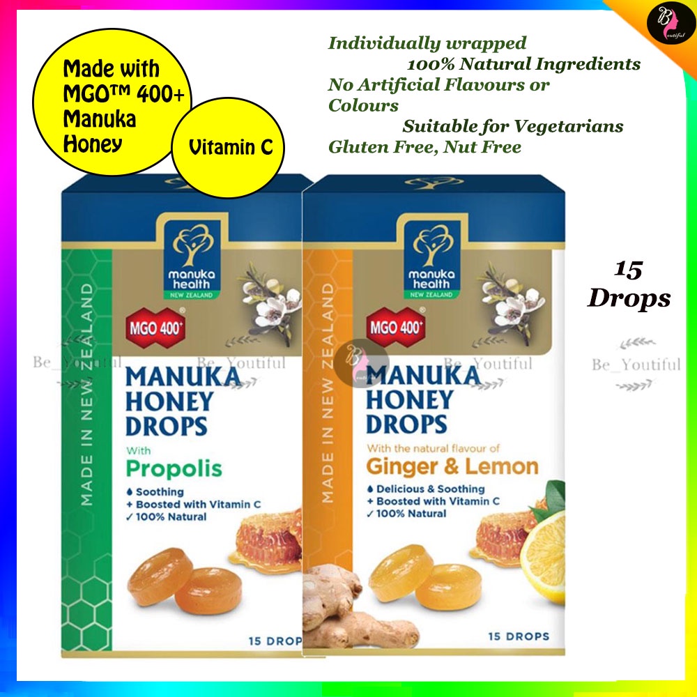 Manuka Honey Drops| Propolis 15's / Lemon & Ginger 15's| 65g Soothes ...