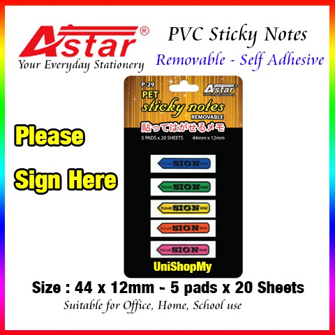 Sticky Note Astar - Sign Here PET - 44 x 12mm - 5 colour - Index Memo ...