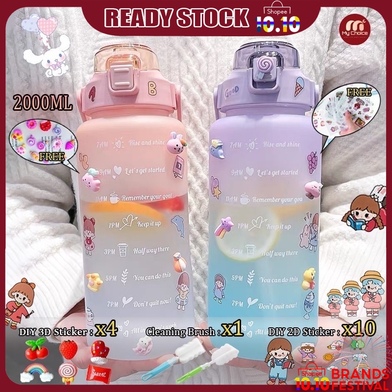 2000ML Botol Air Viral FREE 2D3D Stickers FREE Brush Cute Water Bottle ...