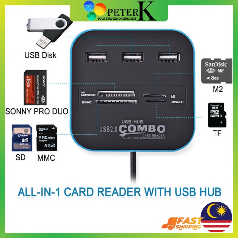 3-Port USB HUB Card Reader Multi Combo Support Micro SD TF M2 MS SDHC ...