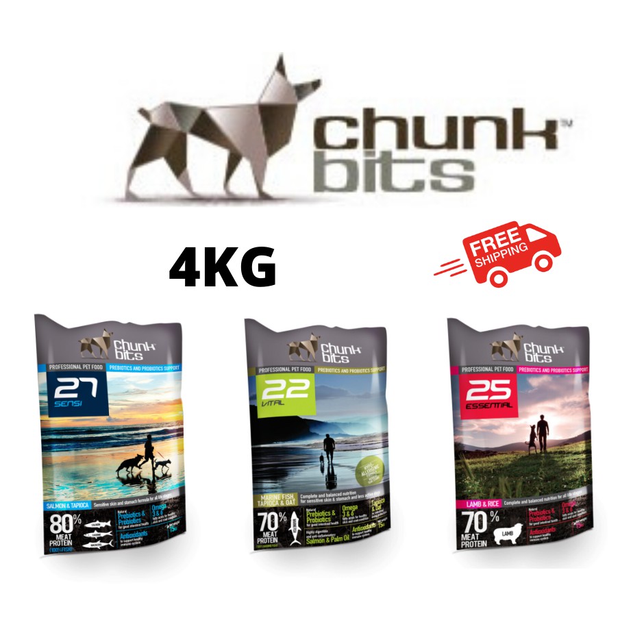 Chunk Bits Dog Food 4kg - Lamb 25 Salmon 27 Marine Fish 22 Chunkbits ...