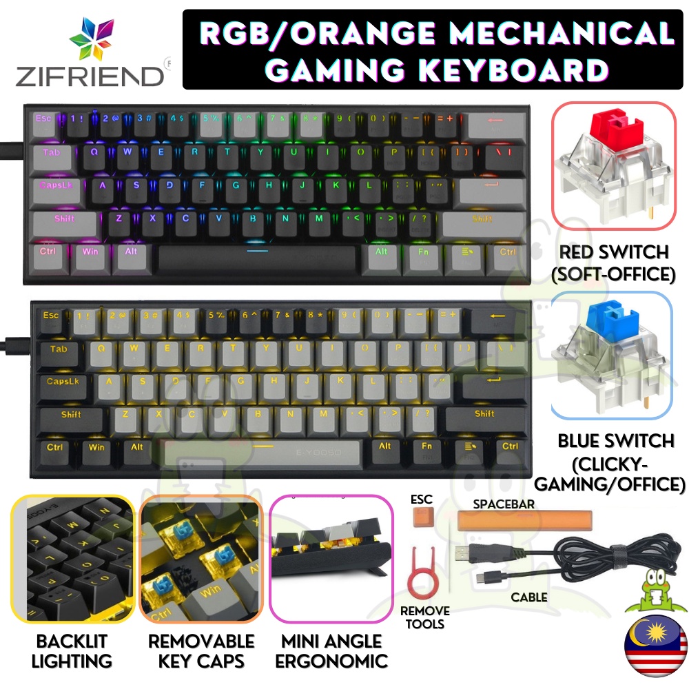 ZiFRIEND Mechanical Keyboard 61 Keys RGB Orange Backlit Lighting Wired ...