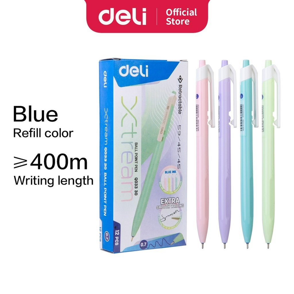 Deli Pen EQ03330 BallPoint Pen Blue Black Ink Mini Tip Smooth Writing ...