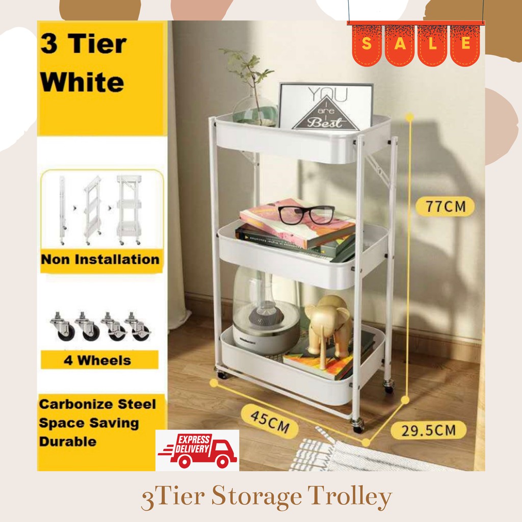 [Ready Stock] 3 Tier Rolling Metal Trolley/Foldable 3Tier Kitchen ...