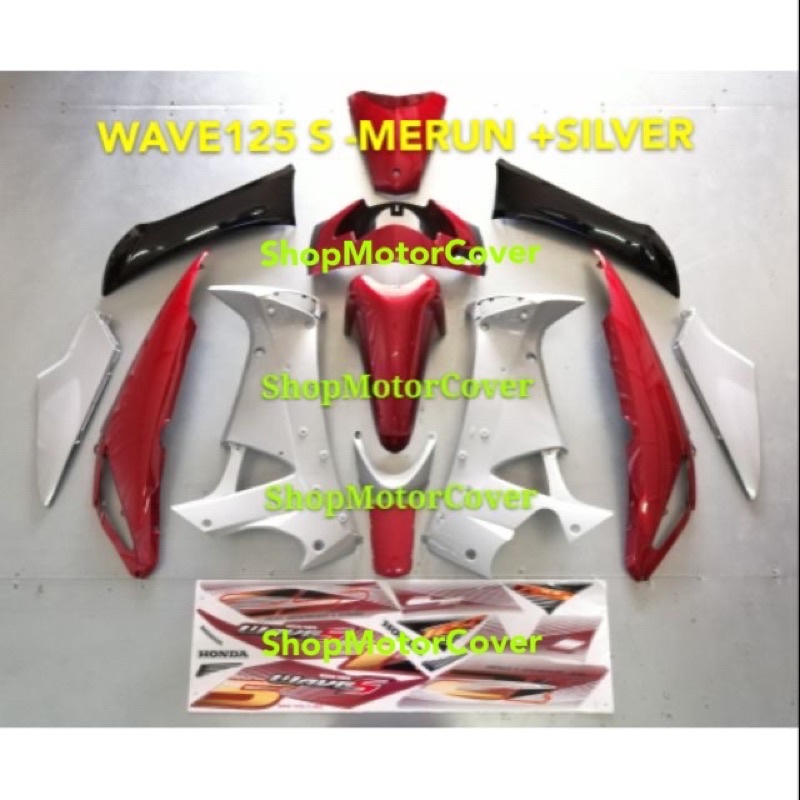 HONDA WAVE125-S BODY COVER SET MAROON + SILVER WITH STICKER #1 (HLD ...