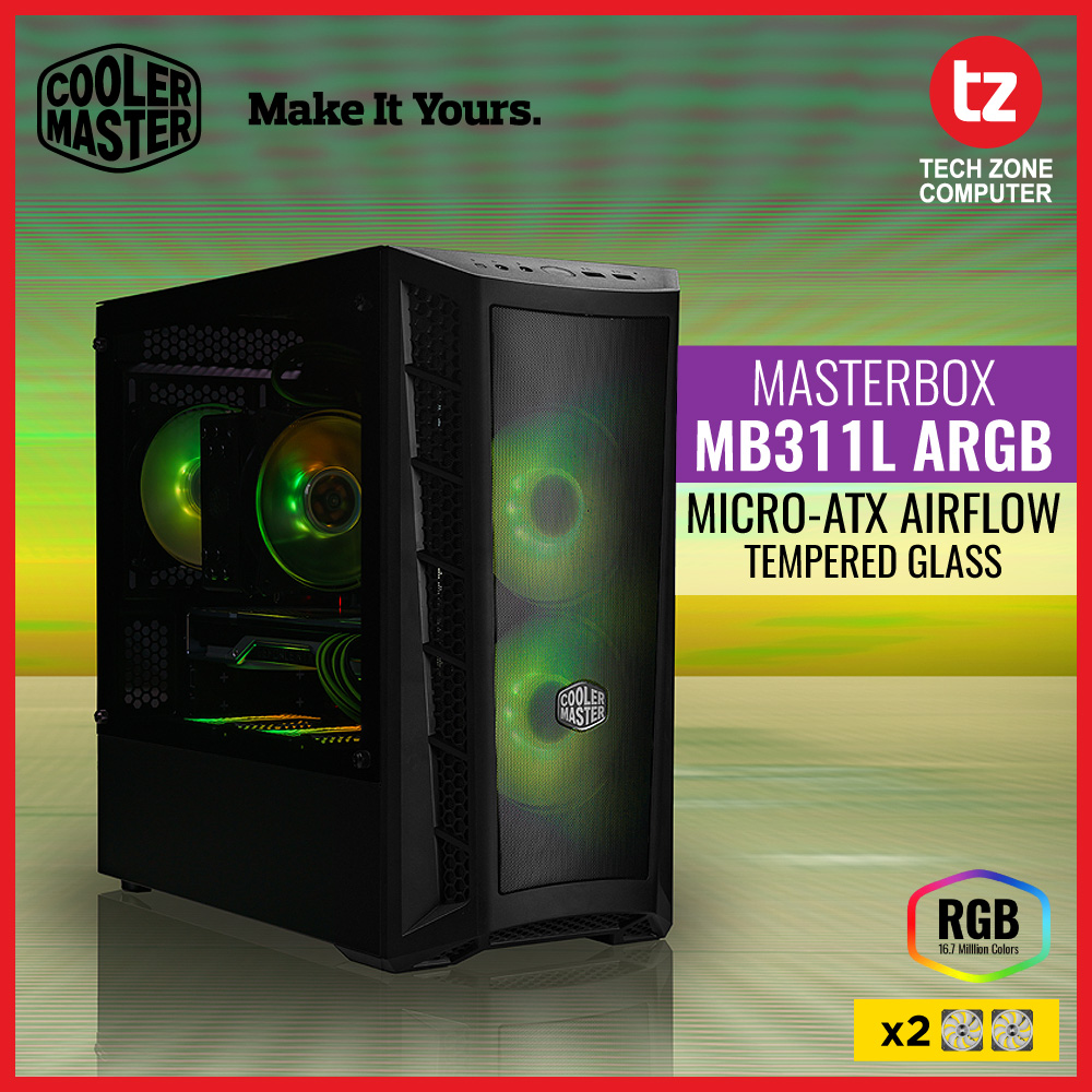 Cooler master masterbox mb311l argb micro-atx case, 2 argb fans, fine ...