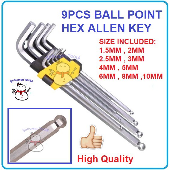 HIGH QUALITY 9PCS BALL POINT END HEX ALLEN KEY SET 1.5 - 10MM KEYS SETS ...