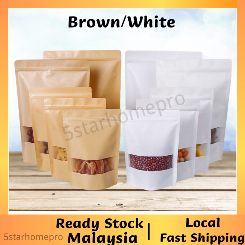50pc Kraft Zip Window Goodies Bag Paper Packing Beg Plastik Makanan box ...