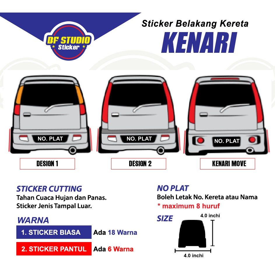 Sticker Belakang Kereta Perodua Kenari, 1 Pcs, Boleh Tukar Warna Dan No ...