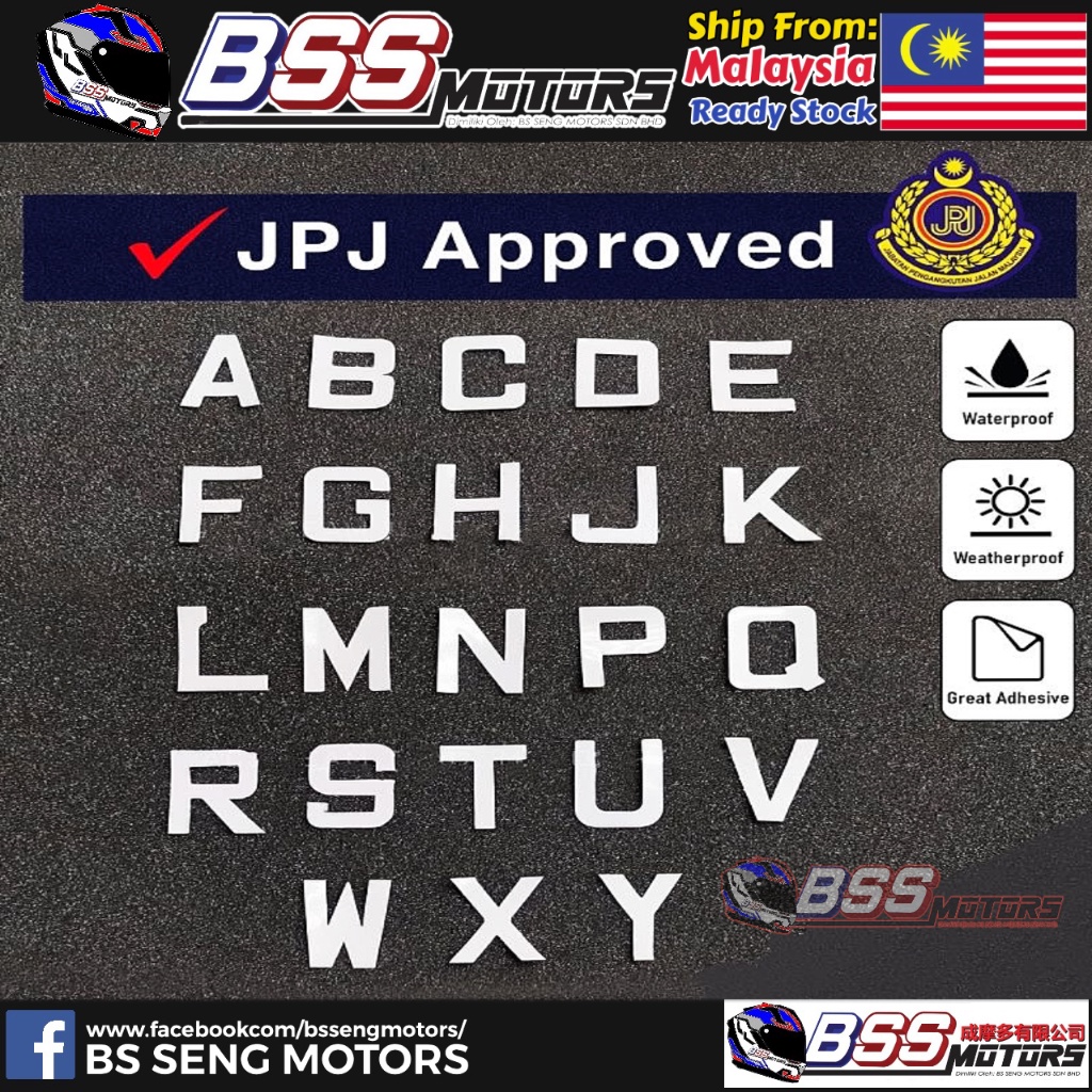 (JPJ Approved) Number Plate Sticker Motorcycle White A-Z / 0-9 Sticker ...
