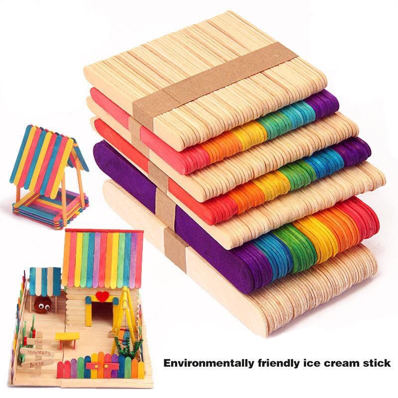 50pcs Wooden Craft Paddle Pop Popsicle Stirrers Ice Cream Sticks Batang ...