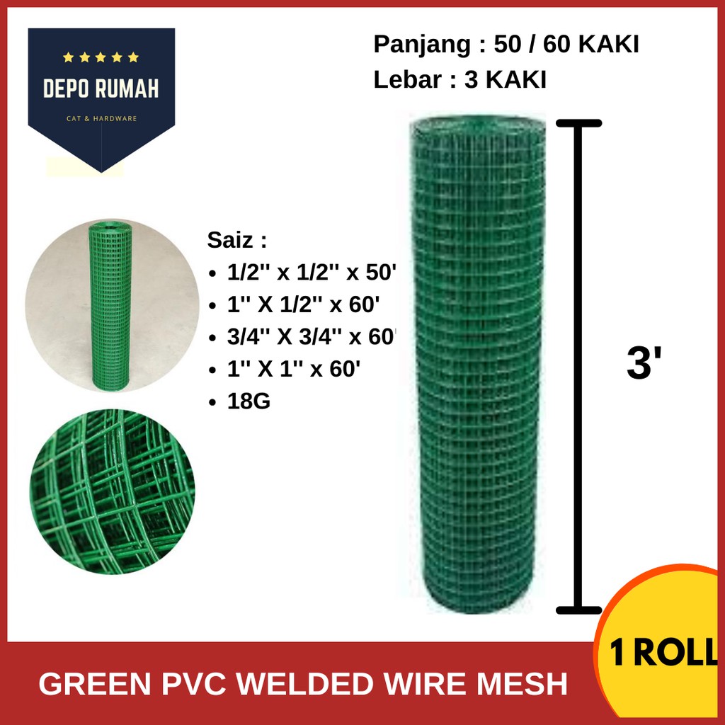 3FT x 50 & 60FT JARING HIJAU BESI / Green PVC Coated Galvanized BRC ...
