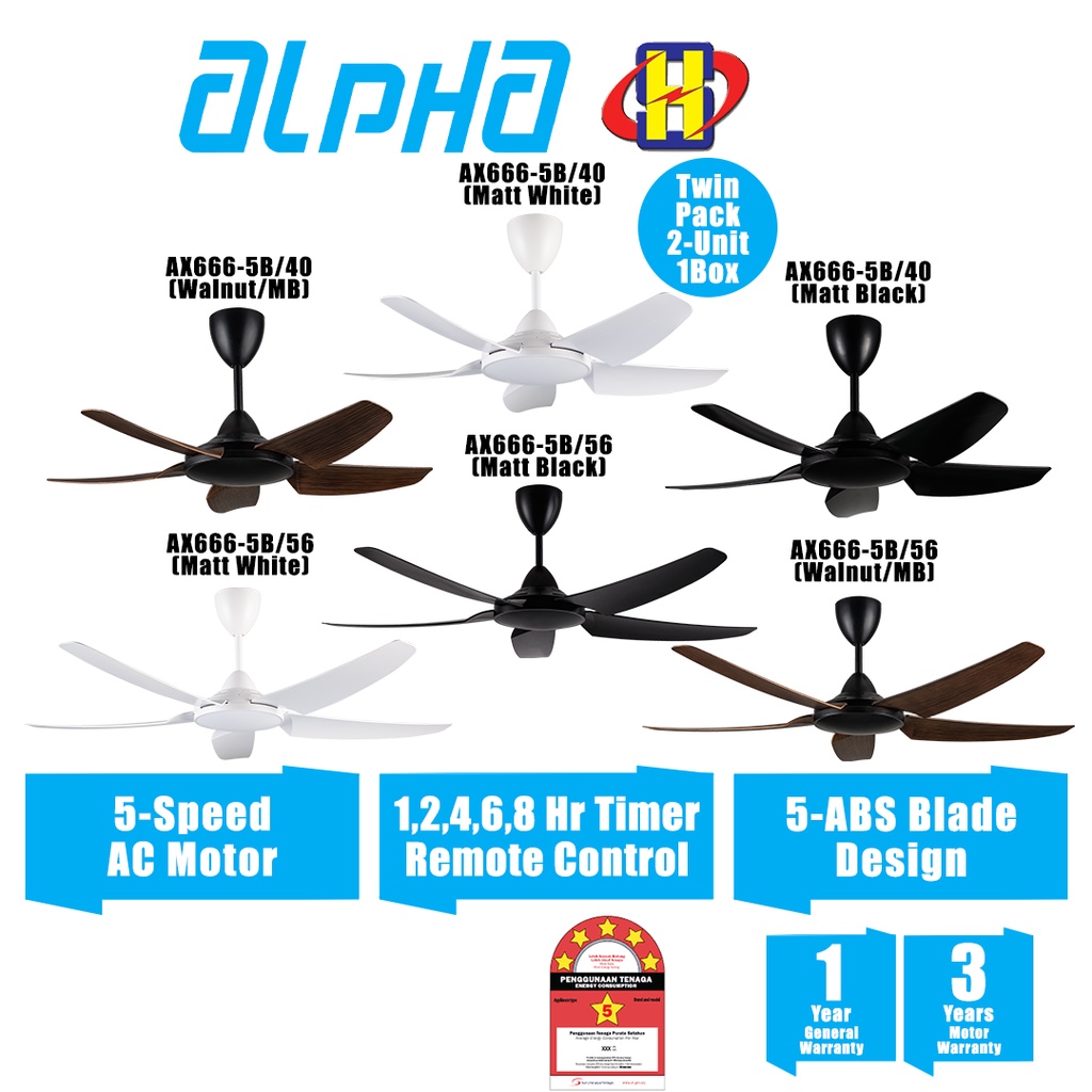 Alpha Ceiling Fan (40Inch/56Inch/TWIN PACK) 5-Speed Remote Control ...