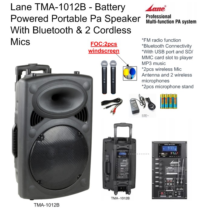 Lane TMA-1012B - Battery Powered Portable Pa Speaker With Bluetooth & 2 ...