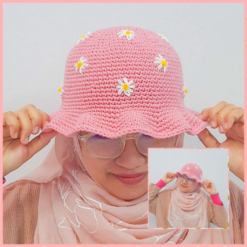 HANDMADE CROCHET | KNIT BUCKET HAT | PINK DAISY PATTERN WAVY| TOPI KAIT ...