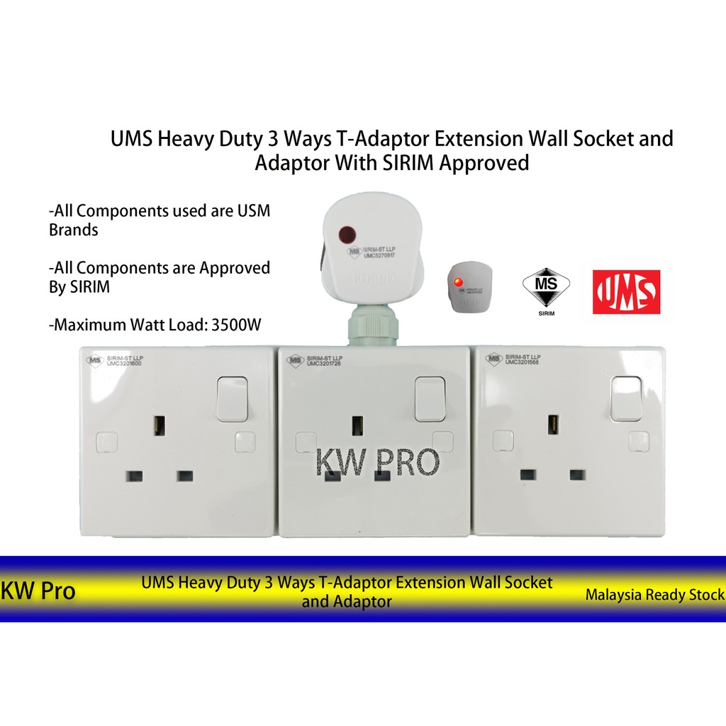 UMS Heavy Duty 3 Ways/ 3 GANG T-Adaptor Extension Wall Socket and ...
