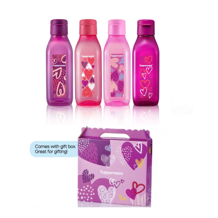 Tupperware Sweet Hearts Square Eco Bottle Set (500ml x 4) + Gift Box ...