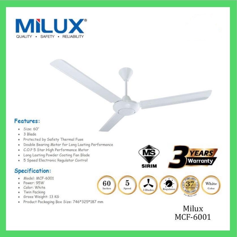 MILUX CEILING FAN 60" MCF-6001 (WHITE) Ceiling Fan with Wall Regulator ...