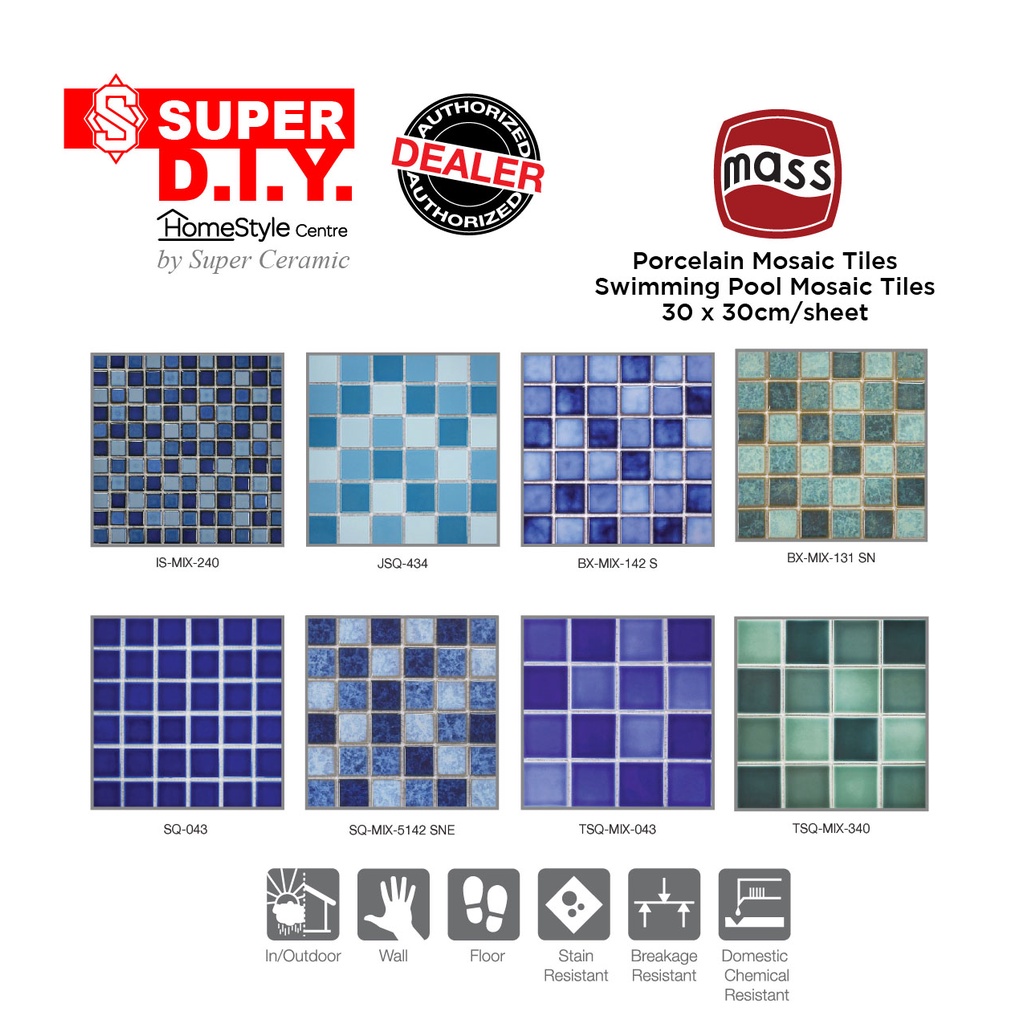 Porcelain Mosaic Swimming Pool Tiles (30cm x 30cm/50cm x 50cm) | Shopee ...
