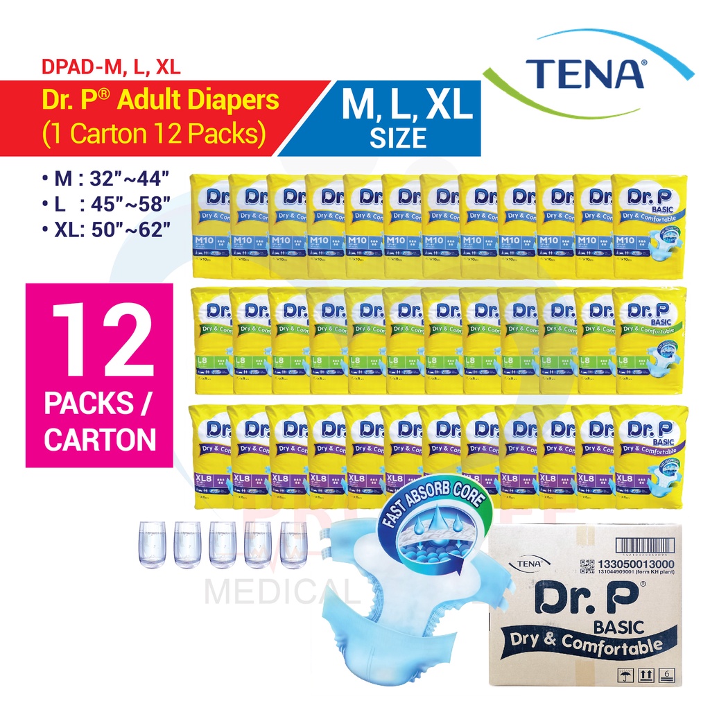 Tena Dr. P Adult Diapers | Lampin Dewasa 1 Carton-12Packs (M:32"~44")(L:45"~58") (XL:50"~62 ...