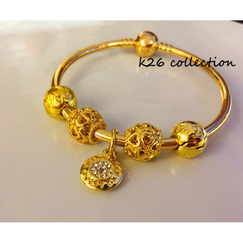 Emas Korea 24K Gold Plated Bangle (Set) 5 Charms with Bangle | Shopee ...