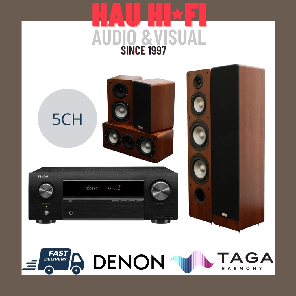 Denon AVR-X250BT 4K AV Receiver + Taga Harmony TAV-406v2 5CH Speaker ...