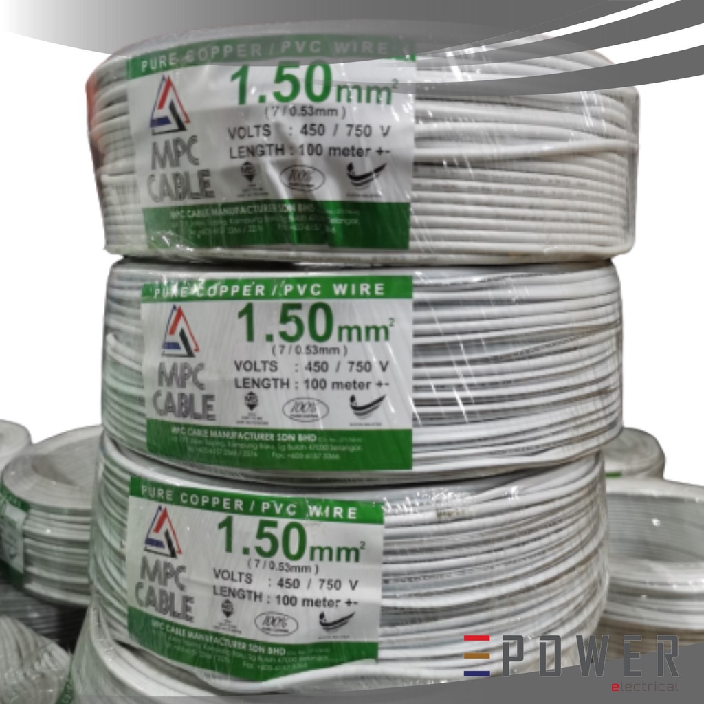 MPC 1.5MMSQ SINGLE PVC CABLE SIRIM APPROVED PURE COPPER BUATAN MALAYSIA ...