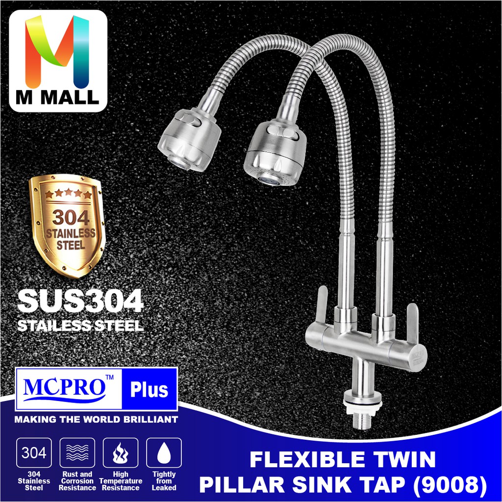 MCPRO STAINLESS STEEL SUS304 KITCHEN FAUCET Flexible Twin Pillar Sink ...