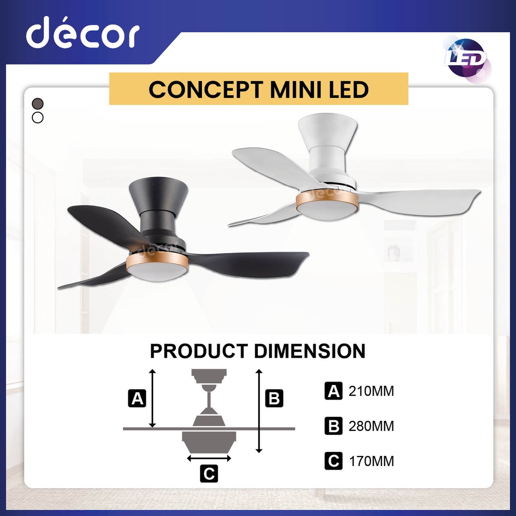 DEKA Fan DEKA CONCEPT MINI LED 34" 3 Blades 14 Speed DC Motor Remote ...