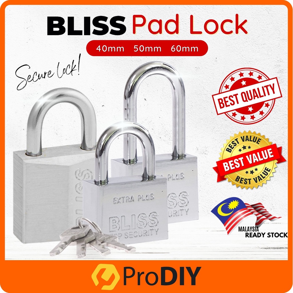 BLISS Chrome Padlock Long Shackle Heavy Duty Diamond Pad Lock Anti Rust ...