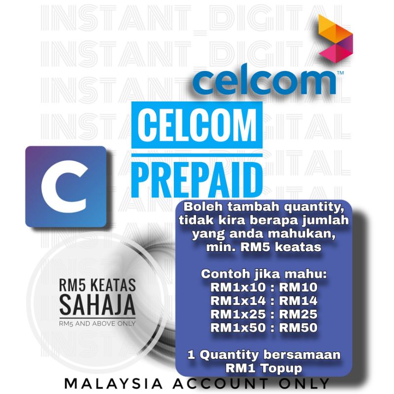 ( RM5 Keatas Sahaja ) Celcom Prepaid Topup Celcom murah Celcom Reload ...
