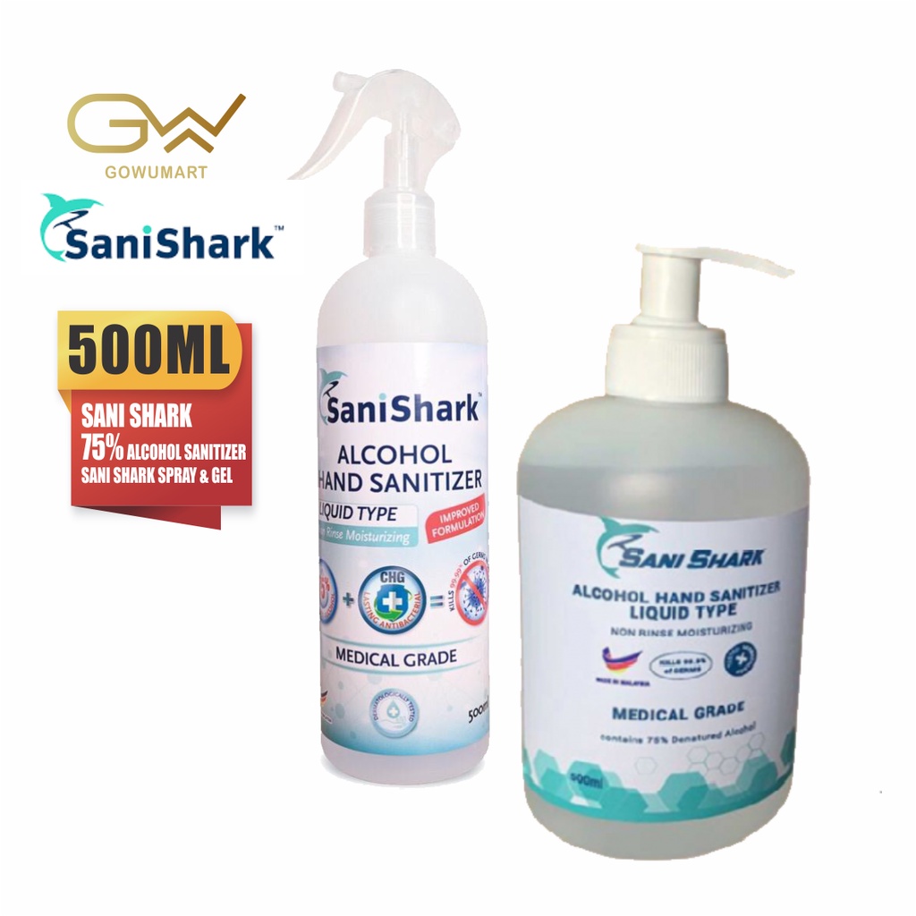 Sani Shark 75% Alcohol Hand Sanitizer Liquid & Gel 500ml with Pump ...