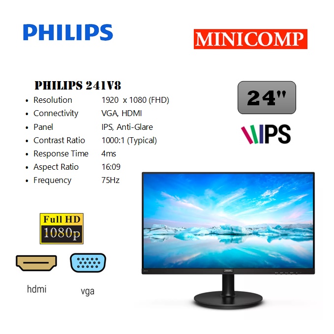 Philips 24" LED Monitor 241V8 FHD HDMI IPS | Shopee Malaysia