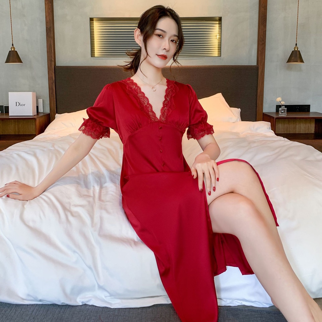 Female Ice Silk Nightdress Spring Summer Satin Lace Sexy Sweet Long ...