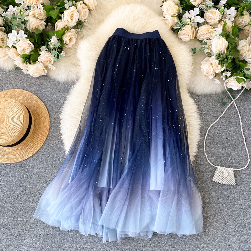 Gradient Star Skirt labuh muslimah kain kembang Retro Pleated Glitter ...