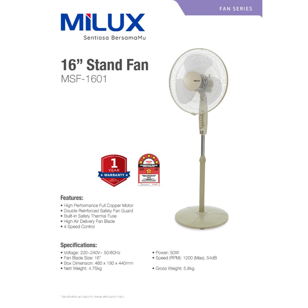 Milux MSF-1601 16" 4-Speed 3-Blade Stand Fan (Tiramisu) | Shopee Malaysia