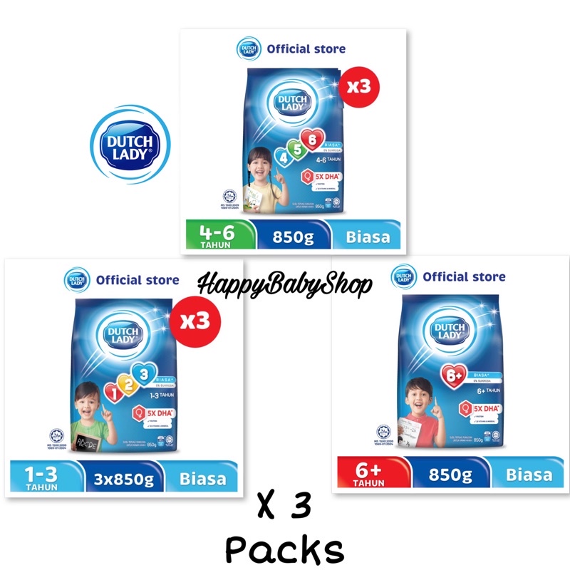 Dutch Lady 123, 456, 6+ Biasa, Madu, Coklat (850g x 3 packs) | Shopee ...