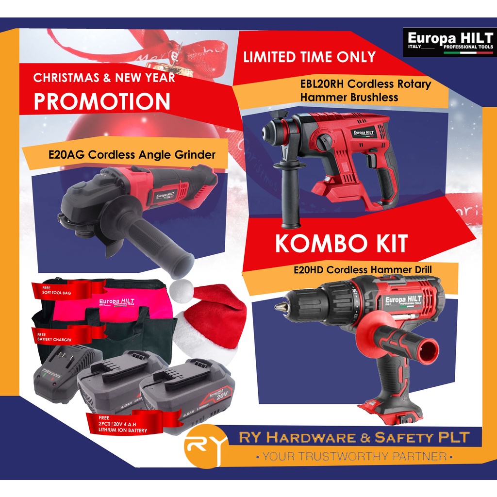 CHRISTMAS PROMO| EUROPA HILT 20V COMBO SET WITH 4.0AH BATTERY KIT| EBL20RH, E20AG, E20HD, E20SK ...