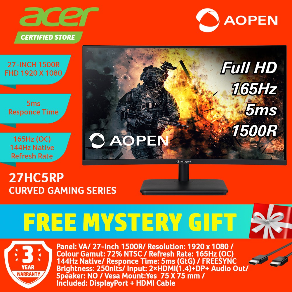 Acer Aopen 27-Inch 27HC5RP FREESYNC Curve Gaming Monitor 1920X1080 165Hz (OC) 144Hz Native UM ...