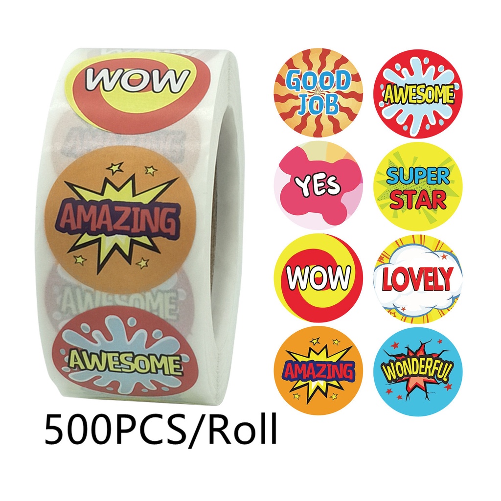 1Inch English Words Reward Sticker for Kids 500pcs/roll Cartoon Pattern ...