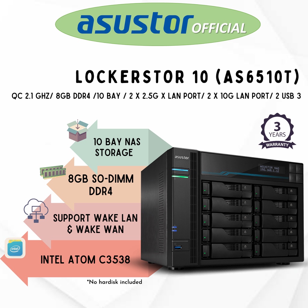 Asustor AS6510T / QC 2.1 GHZ/ 8GB DDR4 / 10 BAY / 2 x 2.5G X LAN Port ...