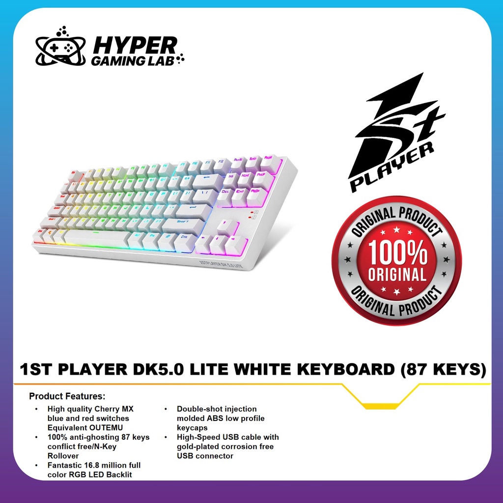 1st Player DK5.0 Lite V2 White Edition 87-Keys RGB Gaming Mechanical ...