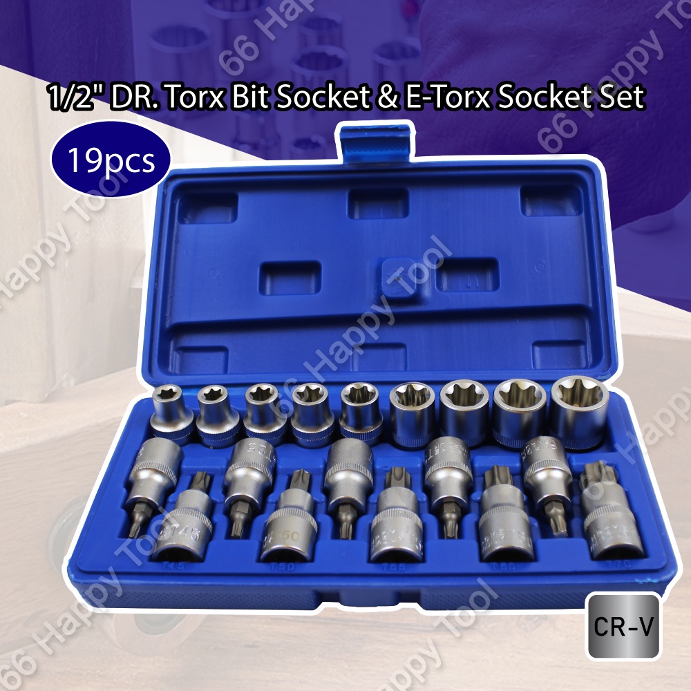 19pcs Torx Star Bit & E-Torx Socket Set 1/2" Inch Drive Wrench Hexagonal Plum Sleeve Hand Tool ...