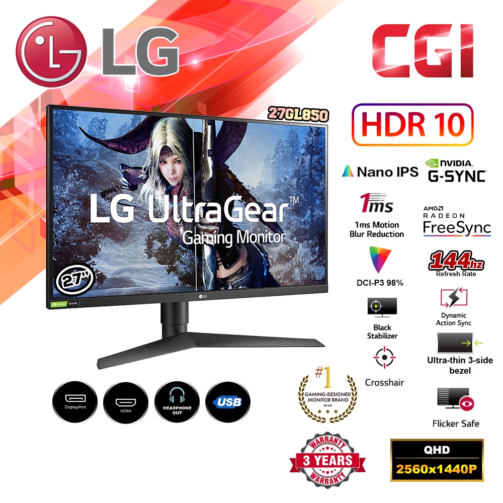 LG 27" 27GL850 UltraGear 144Hz 1ms HDR10 Nano IPS G-Sync/FreeSync ...
